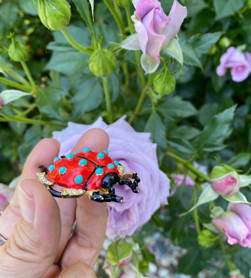 Vintage KJL Kenneth Jay Lane Red Enamel Rhinestone Ladybug Gold Tone ...