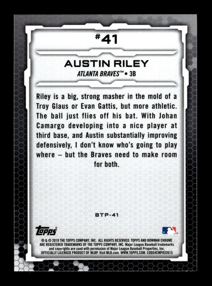 Austin Riley 2019 Bowman #BTP-41 Bowman Scouts' Top 100 RC Rookie ...