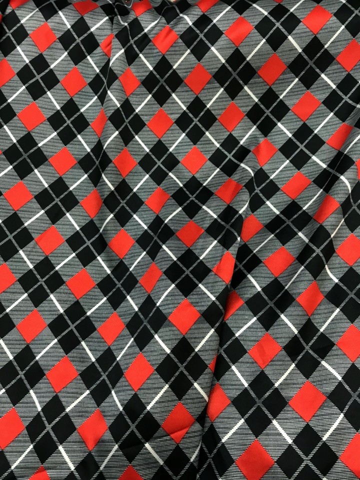 Black Red Diamond Check Print Faux Silk Satin Fabric BTY Drape Shirt ...