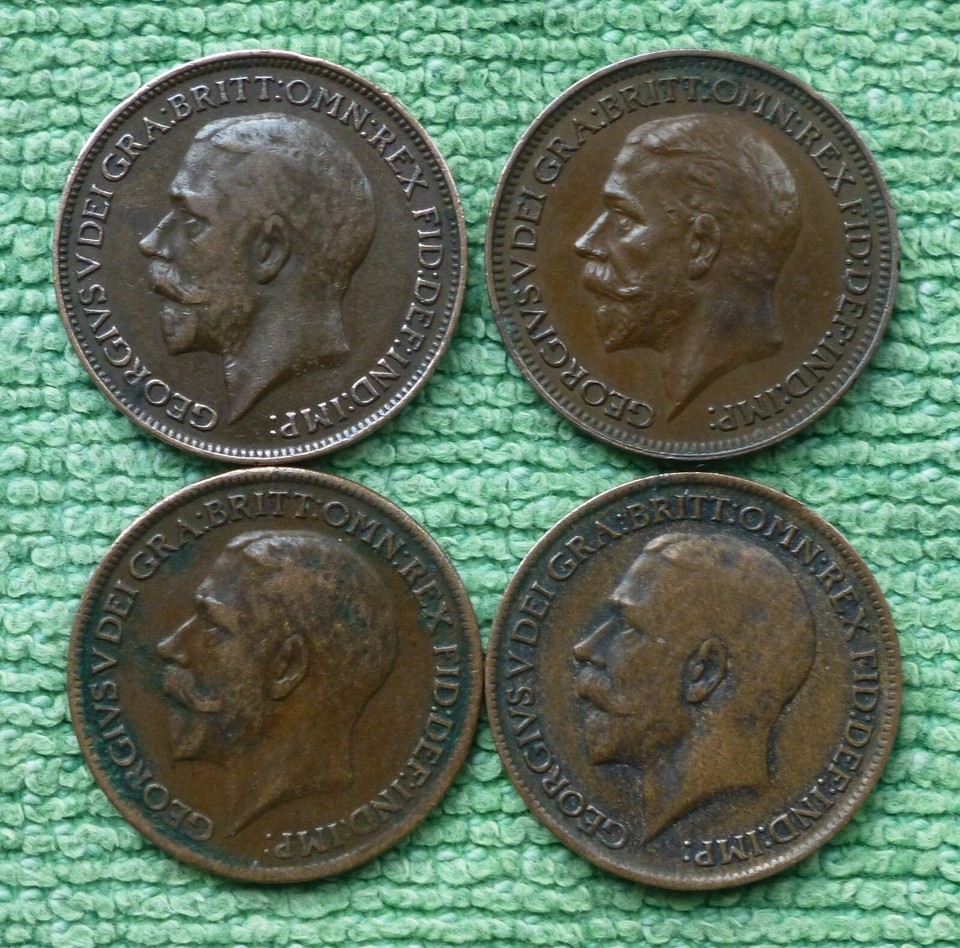 7 RARE FARTHINGS, 4 x GEORGE V, 3 x GEORGE VI BRITISH, 1913 - 1947 ...