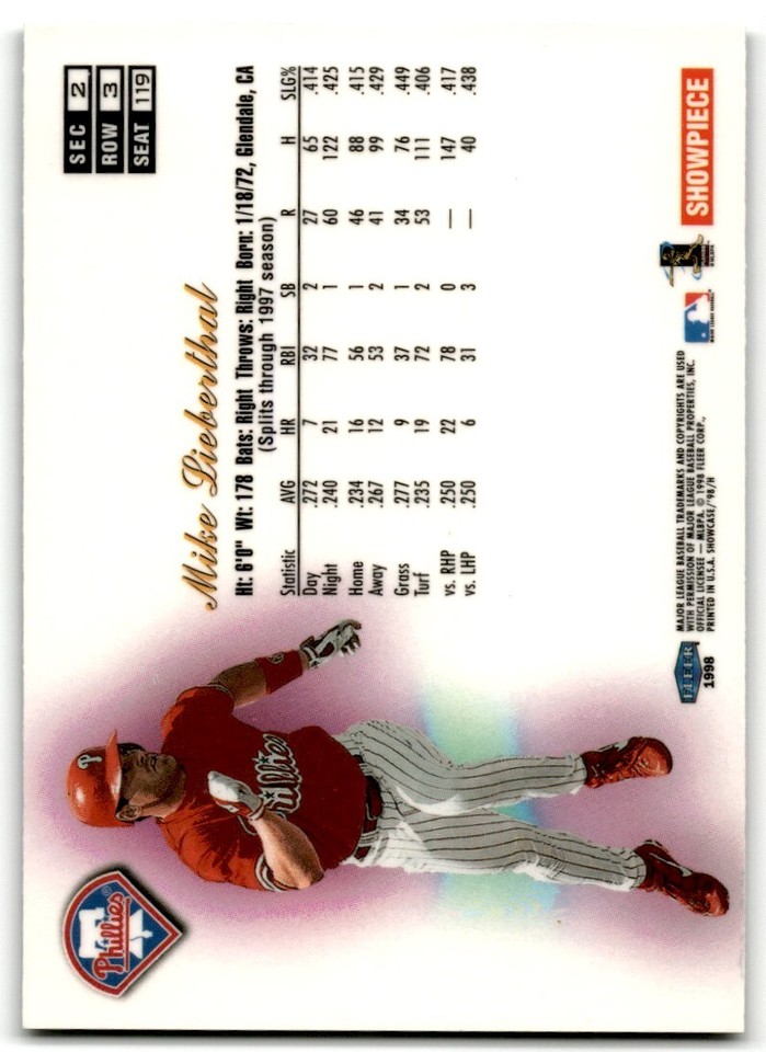 1998 Flair Showcase Row 3 Showpiece Mike Lieberthal Philadelphia ...