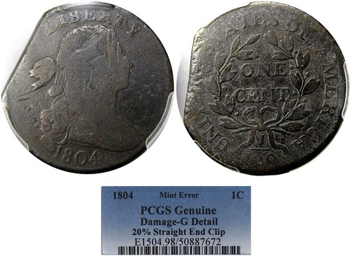 1804 PCGS MINT ERROR DRAPED BUST LARGE CENT ~ 20% CLIP ~ RARE KEY DATE ...