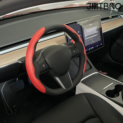 Carbon Fiber Car Steering Wheel Cover Red Leather For Tesla Model 3 S X ...