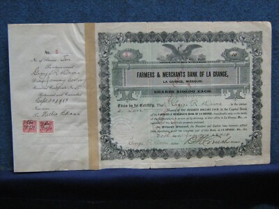 1904 La Grange Mo Stock Certificate No. 5 Farmers & Merchants Bank of ...