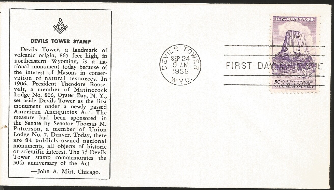 J) 1956 UNITED STATES, MASONIC GRAND LODGE, DEVILS TOWER STAMPS, 50th ...