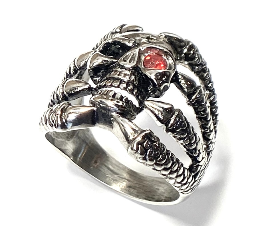 Clawed Skull Finger Ring One Red CZ Eye Stainless Steel Biker Cast ...