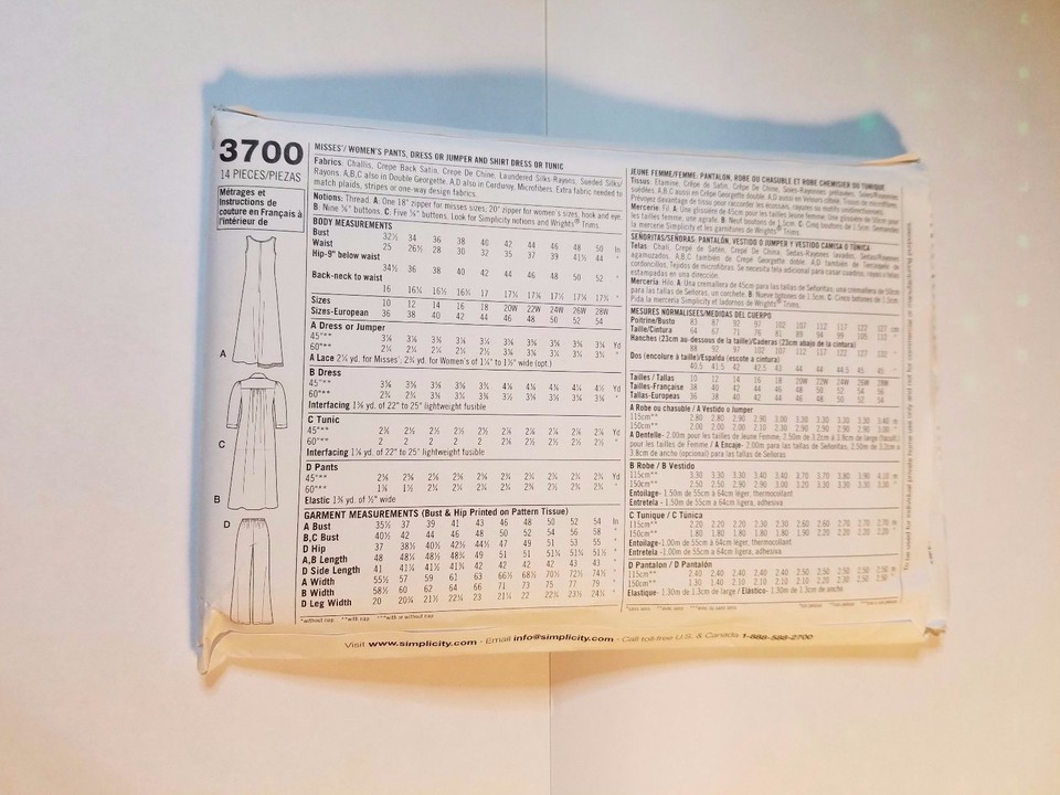 Simplicity 3700 Misses'/Women's Pants, Dress, Jumper, Shirt Dress or ...