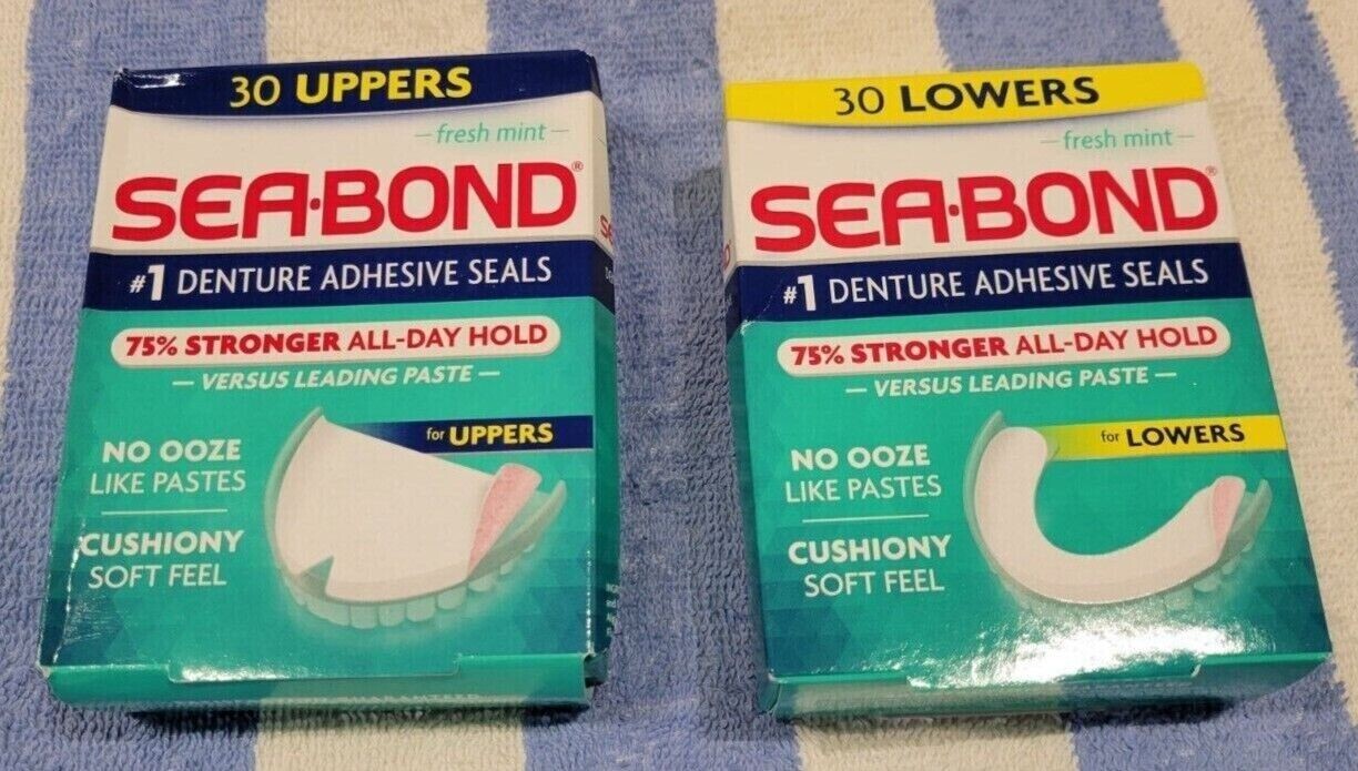 NIB! 2 Packs Sea-Bond Adhesive Denture Seals, 30ct- 1 box Uppers, 1 ...
