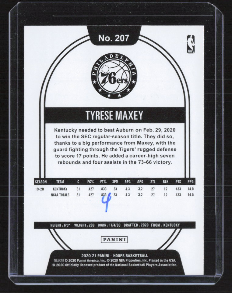 Tyrese Maxey Signed Autographed 2020-2021 Panini NBA Hoops #207 76ers ...
