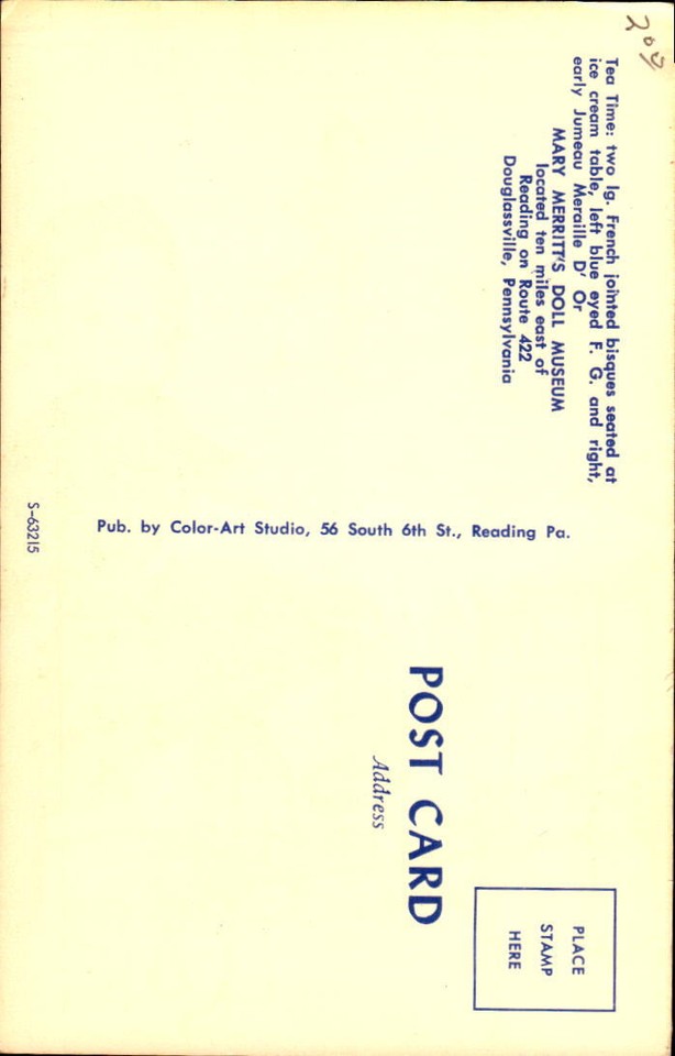 Postcard Mary Merritt's Doll Museum Two Large French Bisques Tea Time ...