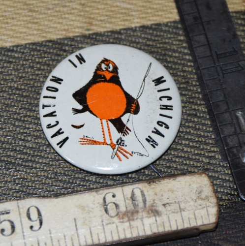 VACATION IN MICHIGAN Fishing Robin Button PINBACK Vintage | eBay