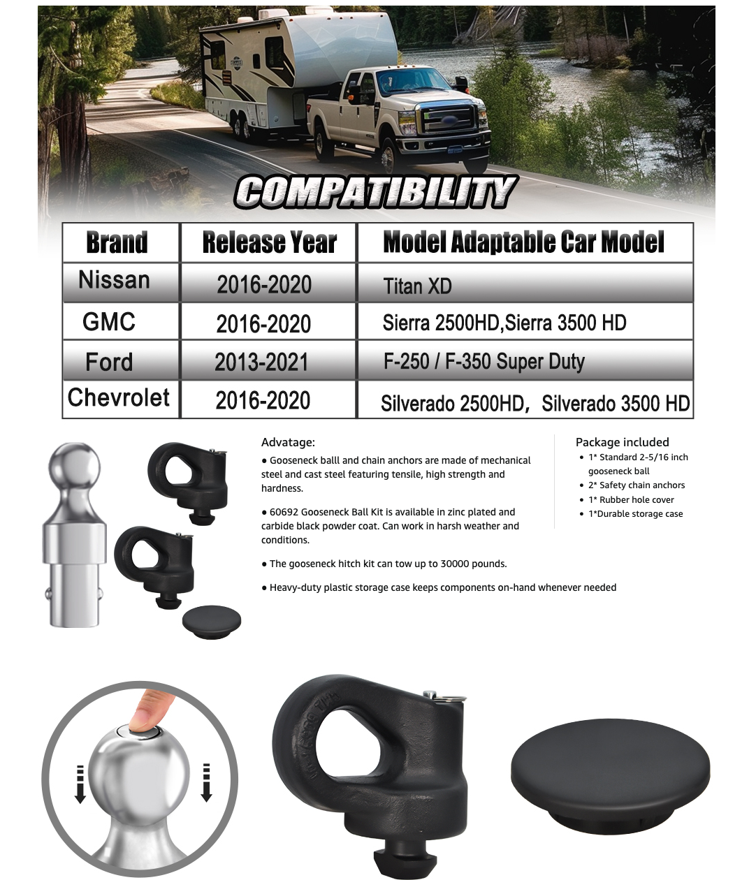 60692 Puck System 30K Gooseneck Hitch Kit 2-5/16" Ball Ford F250 350 ...
