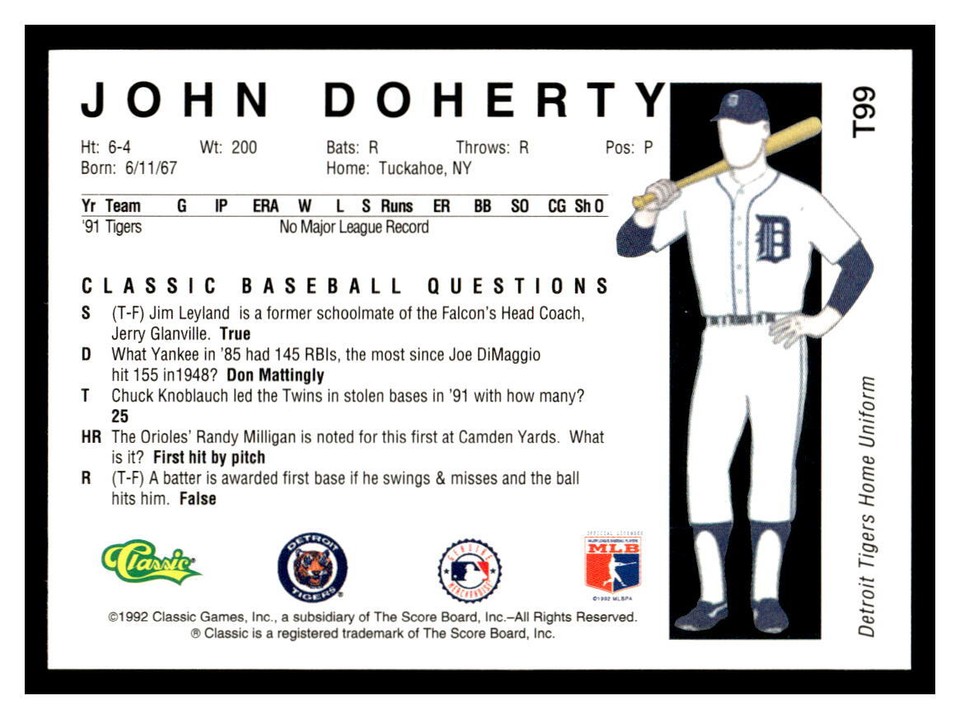 1992 Classic II #T99 John Doherty - Detroit Tigers | eBay