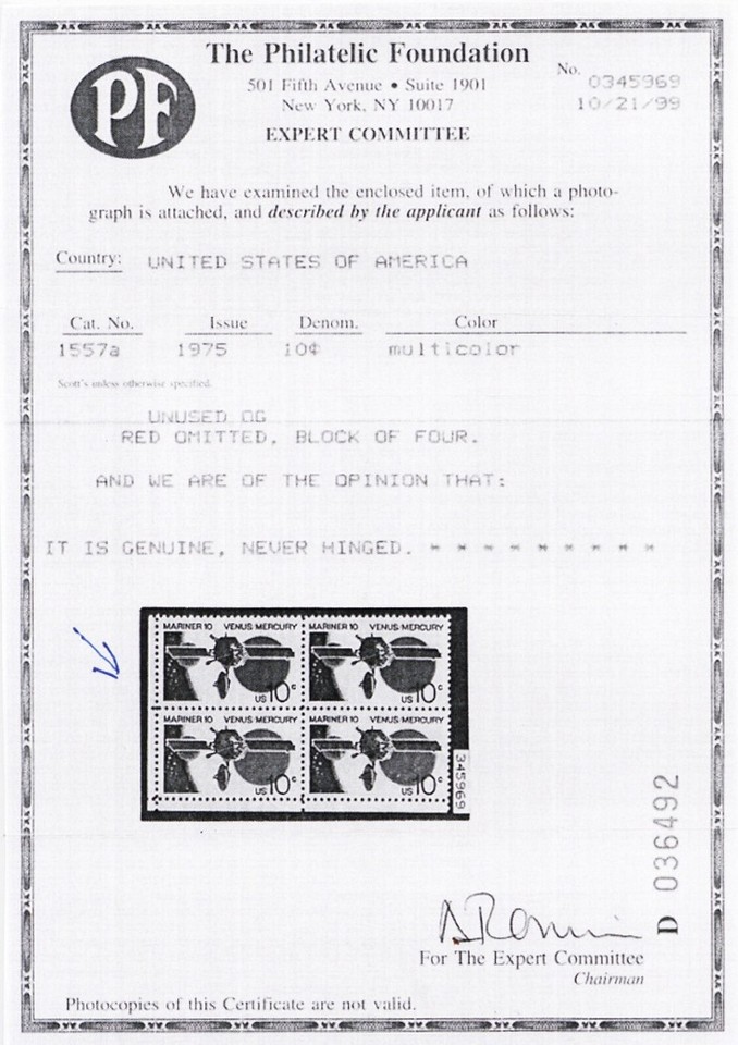 1557a, Mint VF NH 10¢ RED COLOR OMITTED - PFC Certificate (copy ...
