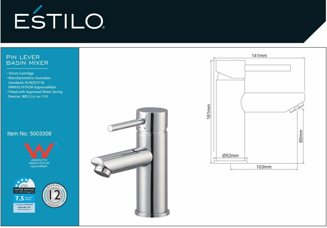 Estilo PIN LEVER BASIN MIXER 35mm,WELS 4 Star 7.5L/Min, CHROME ...