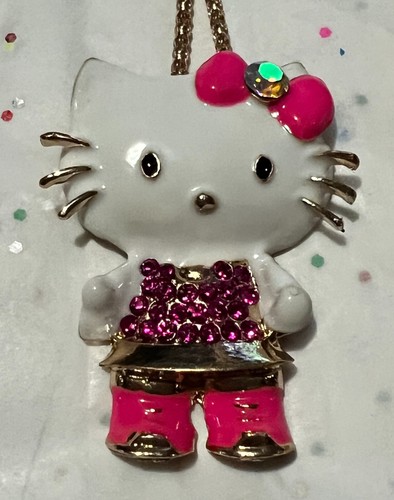 New Cat Hello Kitty Necklace Gold-Tone w/Magenta Crystals and Enamel | eBay