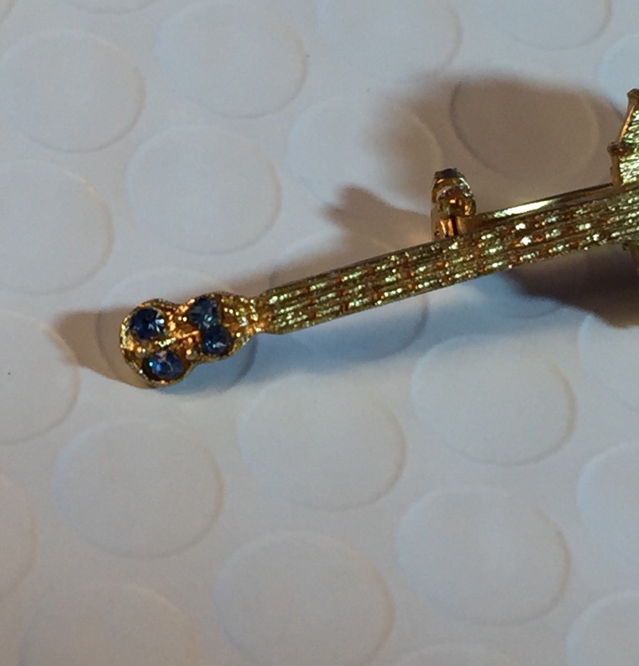 Banjo Brooch Pin Gold Tone Blue Rhinestones Vintage Gift Collectible | eBay