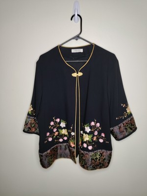 Members Embroidered Oriental style open sheer cardigan with single frog ...