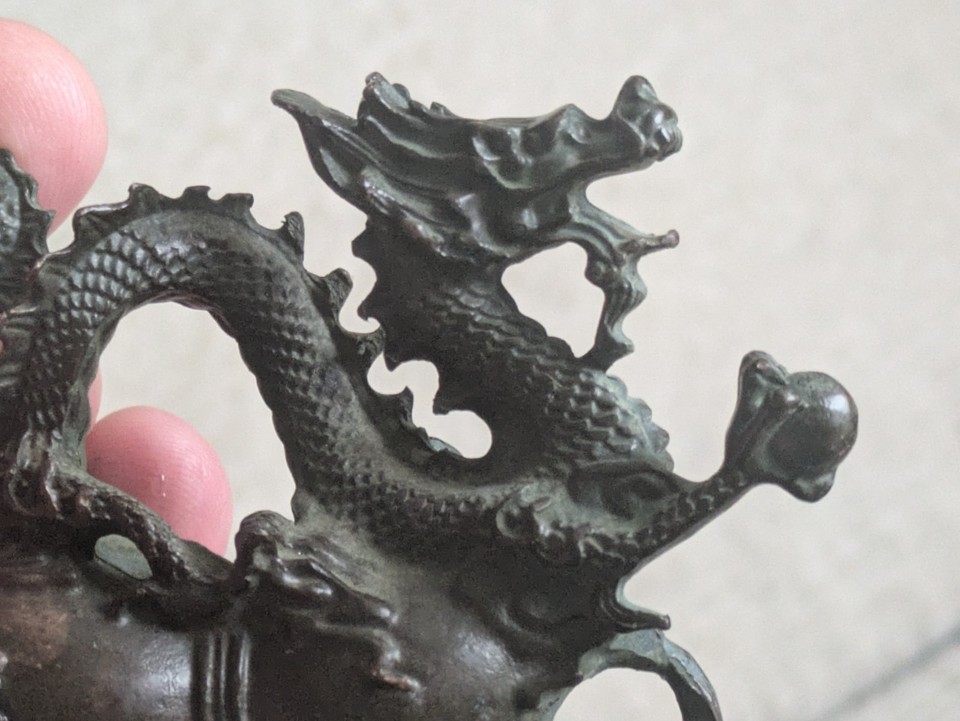 Antique Chinese Bronze Dragon chasing Pearl figure. Lovely patination ...