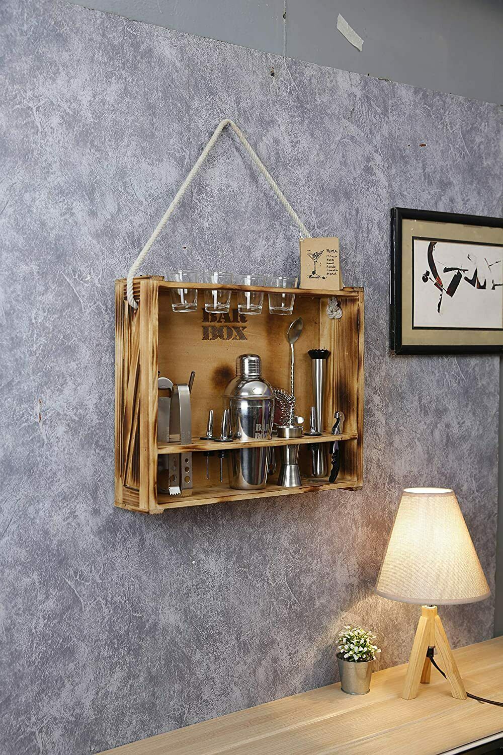 Bartender Kit 19 Piece Bar Tool Set with Rustic Wood Stand Cocktail ...