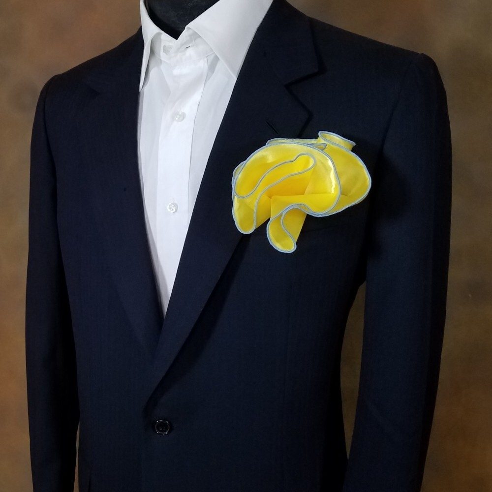NEW - Men's 2-in-1 Pouf Round Pocket Square - Yellow Satin with Blue ...