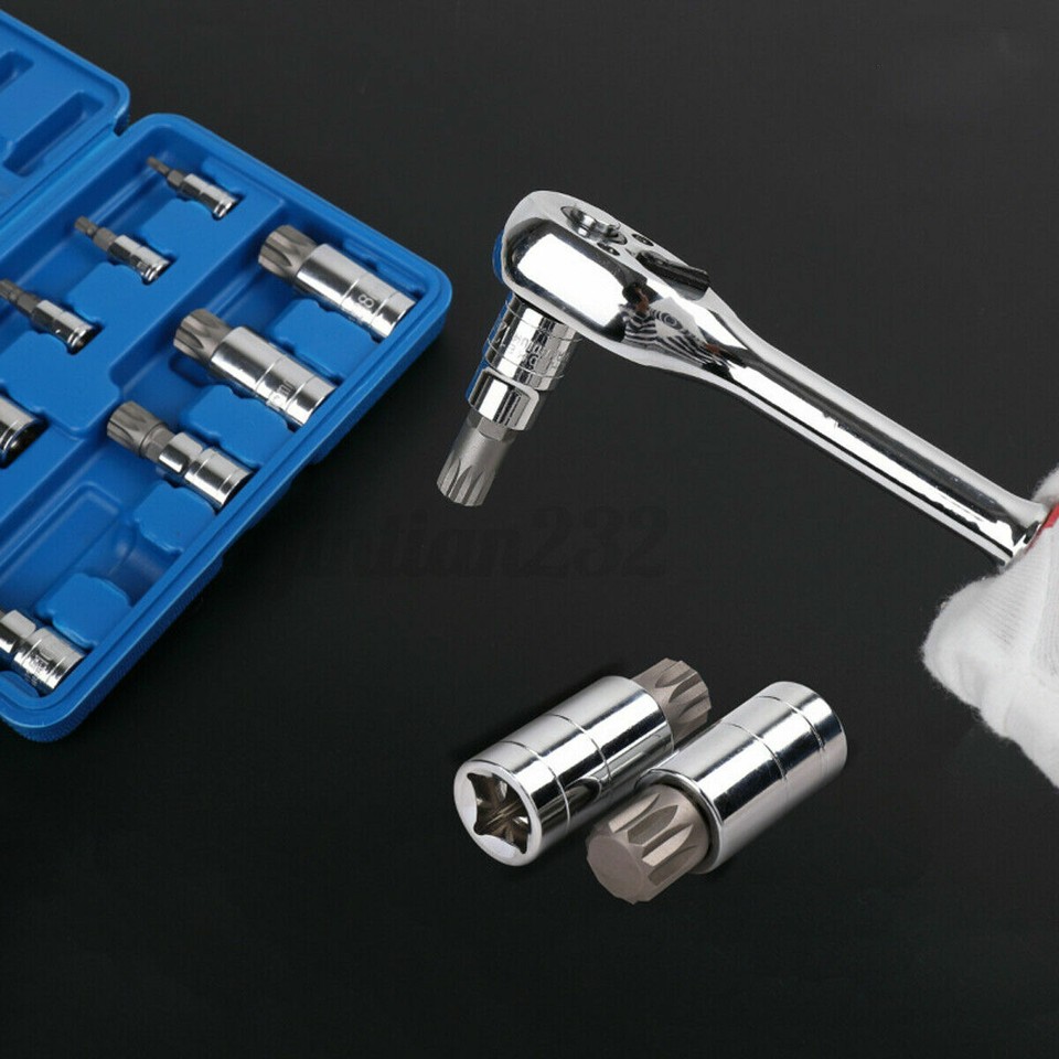 10pc Bit Socket Set XZN 12 Point MM Triple Square Spline Tamper Proof ...