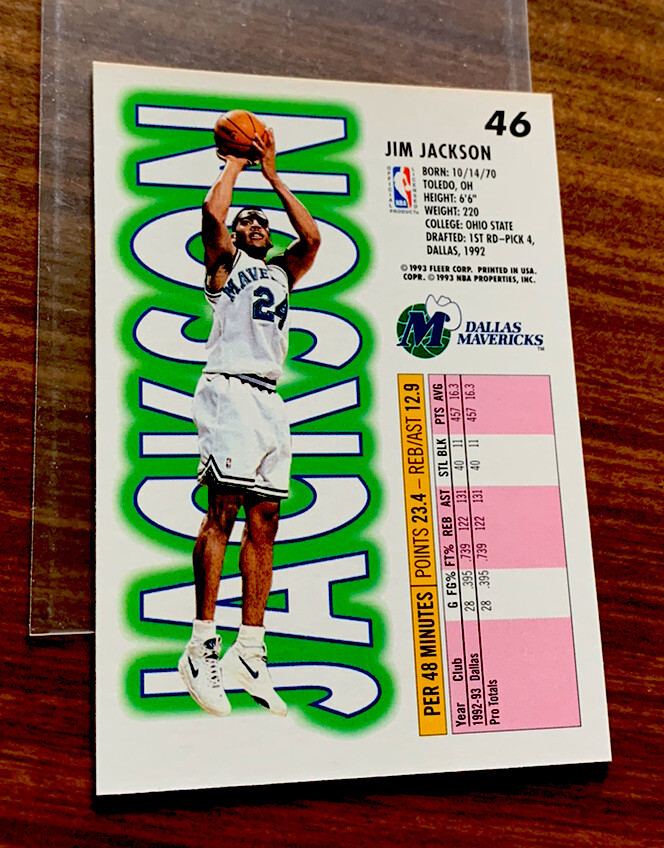 Jim Jackson 1993-94 Fleer Basketball Card # 46, Dallas Mavericks / Ohio ...