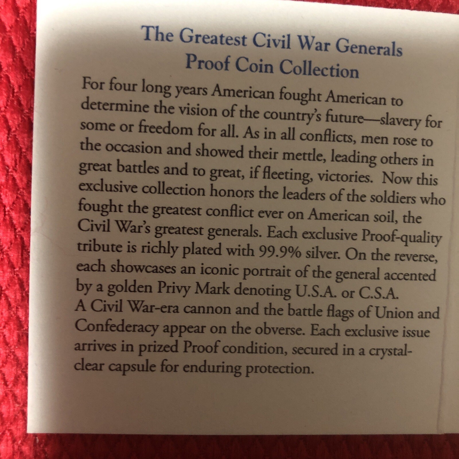 The Greatest Civil War Generals Proof Coin Collection COA 99.9% Silver ...