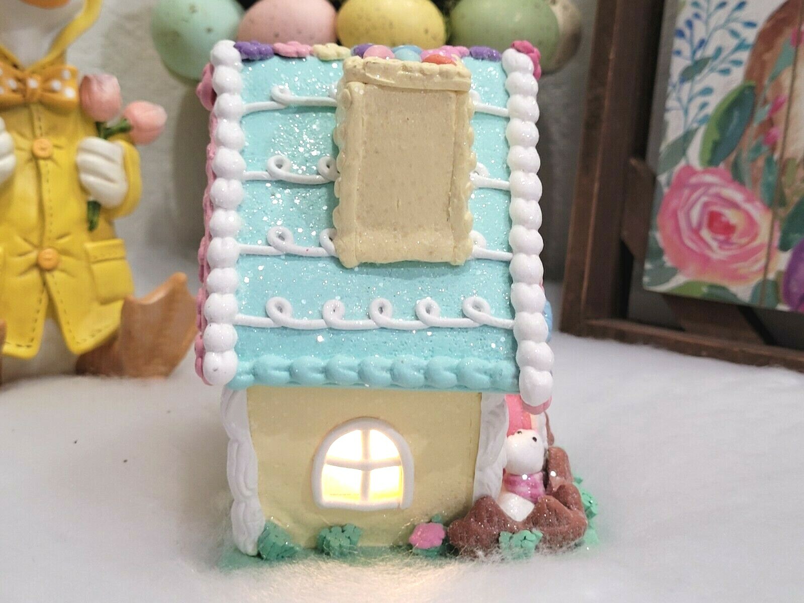 Easter Pastel Bunny Rabbit Gingerbread House LIGHT UP Tabletop Decor 5. ...