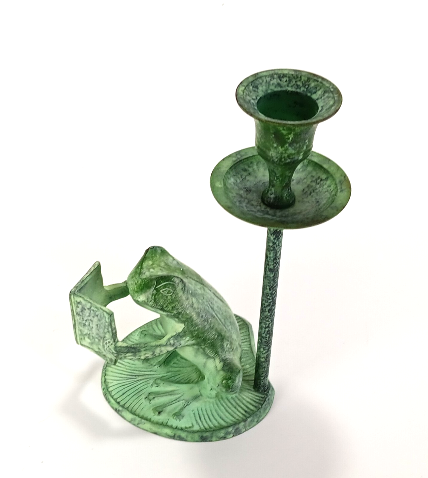 Verdigris Reading Frog Candle Stick Holder Light Green Patina on Lily ...