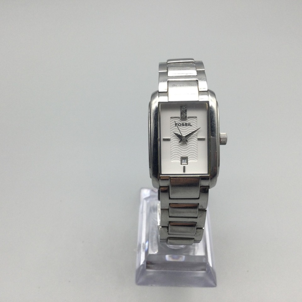Fossil Tank Watch Women 23mm Silver Tone Rectangle Dial Date New ...