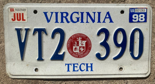 Cool 1998 VIRGINIA Virginia Tech license plate # VT2 390 | eBay