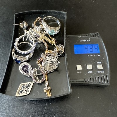 43 Grams Sterling Silver Lot .925 Grams Rings Necklaces Chains Scrap or ...