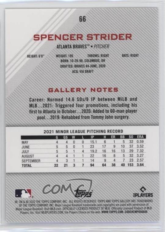 2022 Topps Gallery Rainbow Foil Spencer Strider #66 y6t | eBay UK
