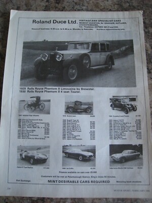 ROLAND DUCE LTD VINTAGE AND SPECIALIST CARS LEICS 1982 ADVERT A4 SIZE ...
