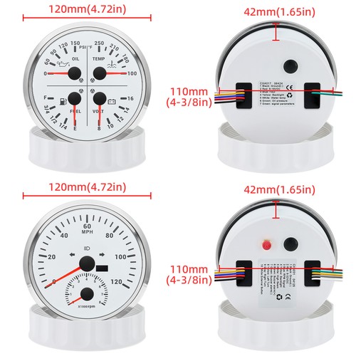 2 Gauge SET 110mm GPS Speedometer 0-120MPH Tachometer & 4IN 1 Oil/Temp ...