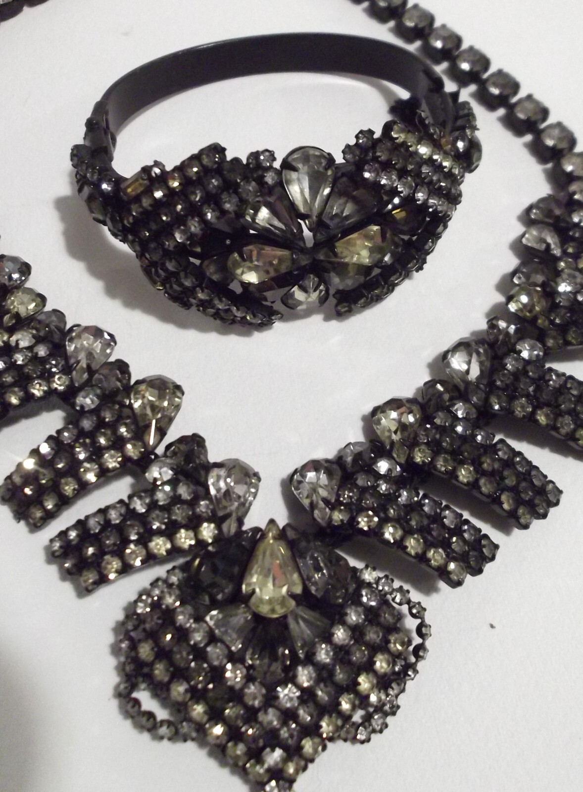 RARE VTG Signed HOBE' Rhinestone Necklace & Clamper Bracelet Set Black ...