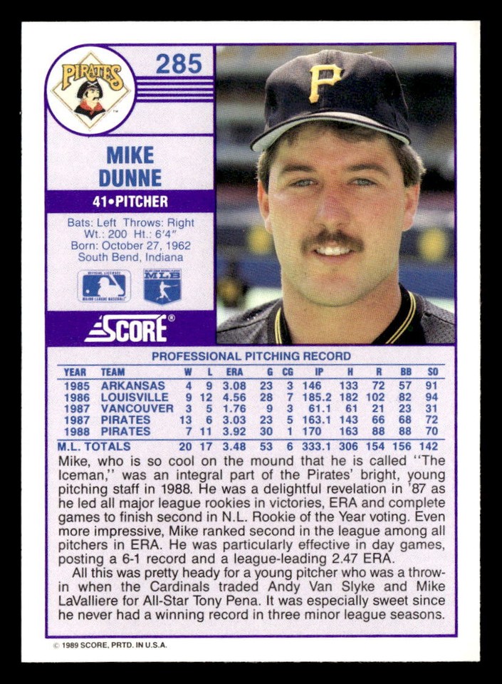 1989 Score #285 Mike Dunne | eBay