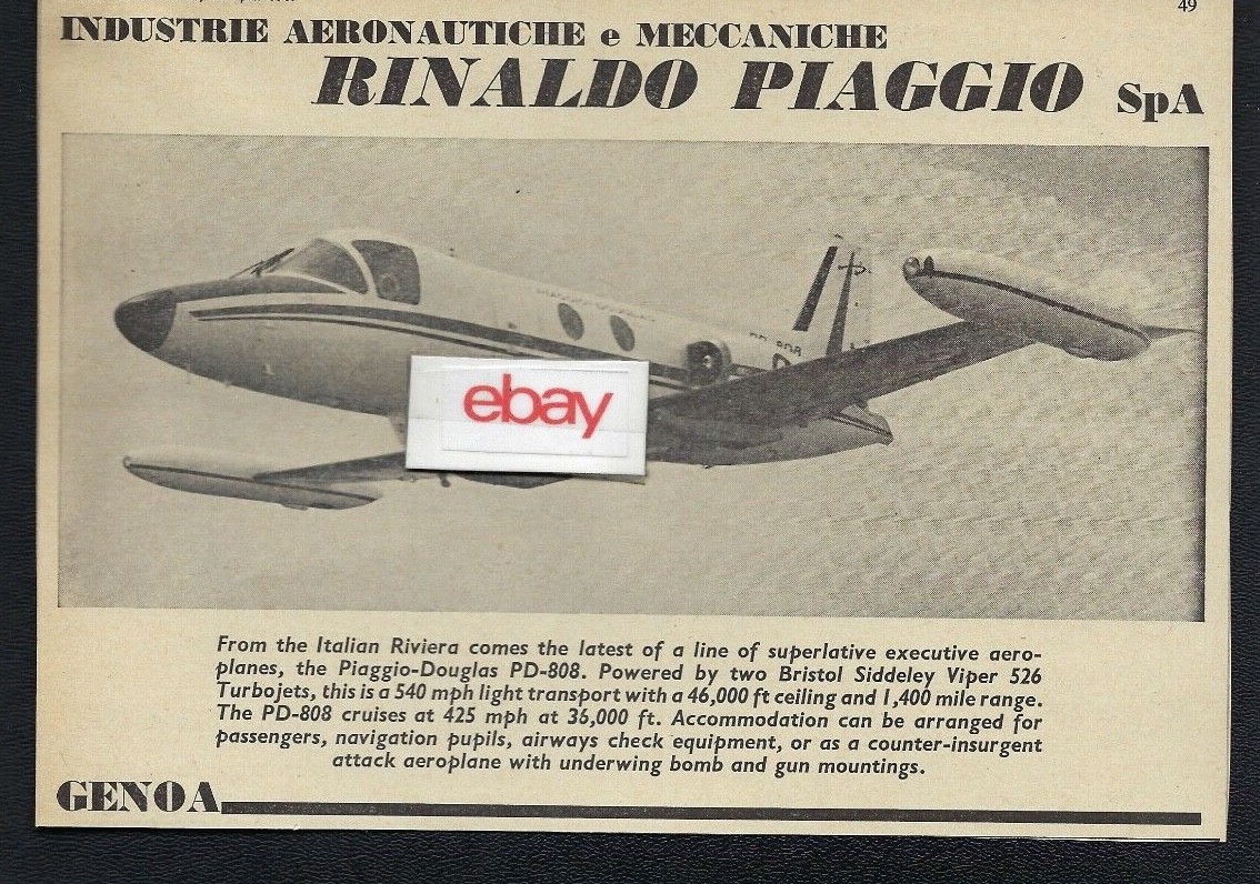 PIAGGIO ITALIA RINALDO PIAGGIO-DOUGLAS GENOA PD-808 JET 425 MPH 1967 AD ...