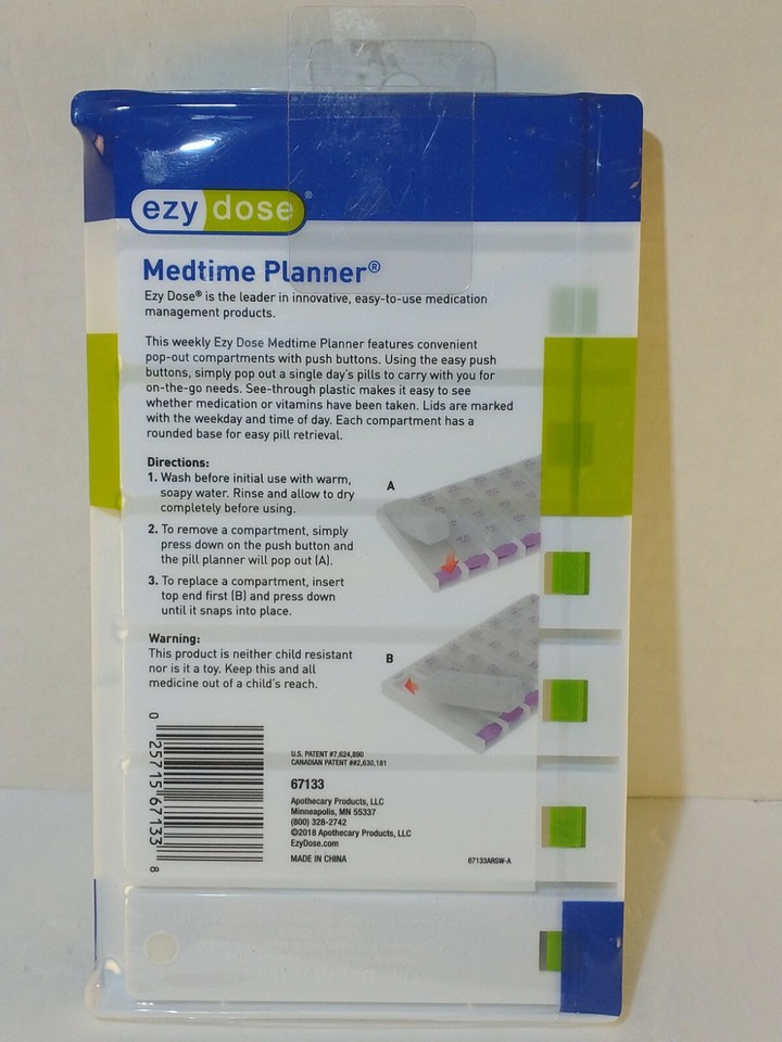 Ezy Dose Weekly Four Dose Medication Pill Vitamin Organizer Push Button ...