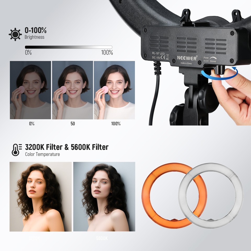 NEEWER 18" LED Ring Light Kit w/Tripod Dimmable 5600K for Makeup Phone ...