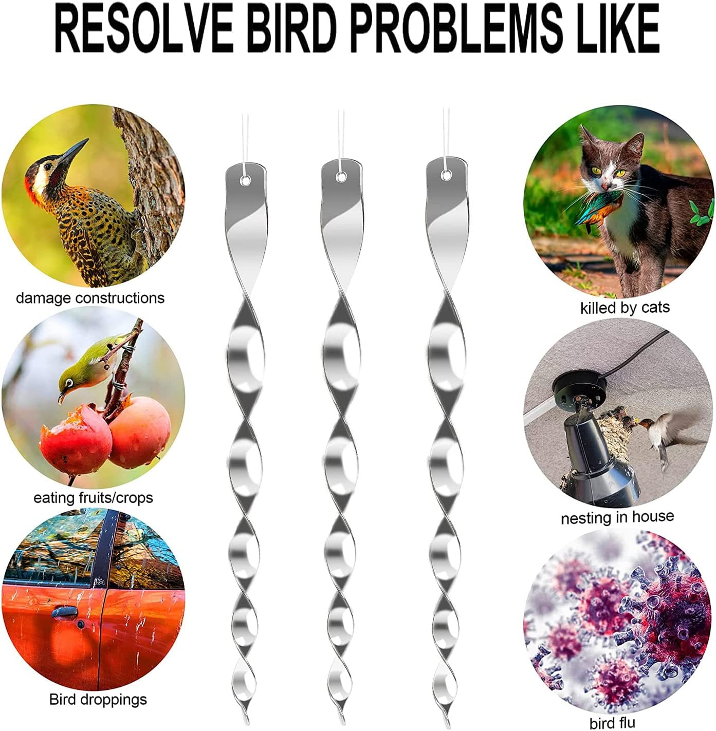 12 Pack Reflective Scare Rods - Bird Spinners Ornamental Spiral ...