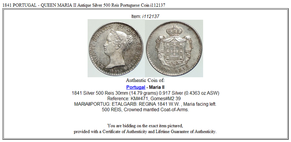 1841 PORTUGAL - QUEEN MARIA II Antique Silver 500 Reis Portuguese Coin ...