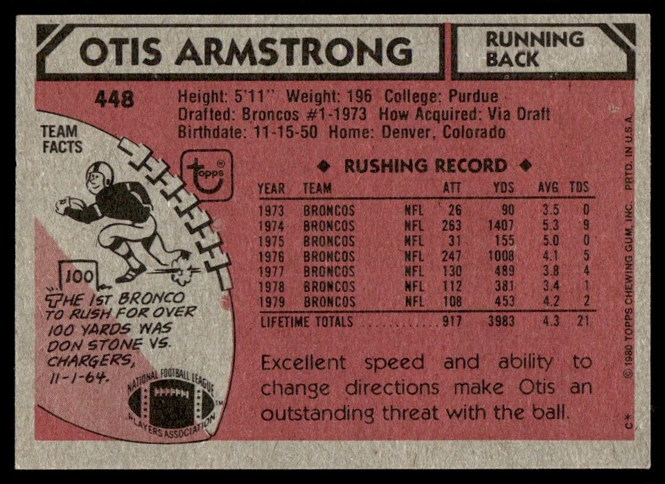 1980 Topps Football Card Otis Armstrong Denver Broncos #448 NM | eBay