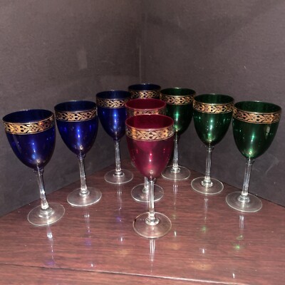 Set of 9 Pier 1 Green 3, Blue 4+ Red 2 Water /Wine Goblets Gold Band 9 ...