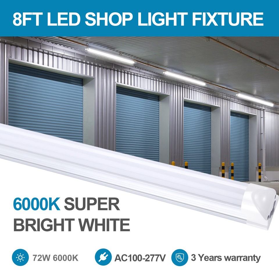 12-Pack 8ft LED Shop Lights, 72W, 6000K - Ideal for Garage/Factory ...