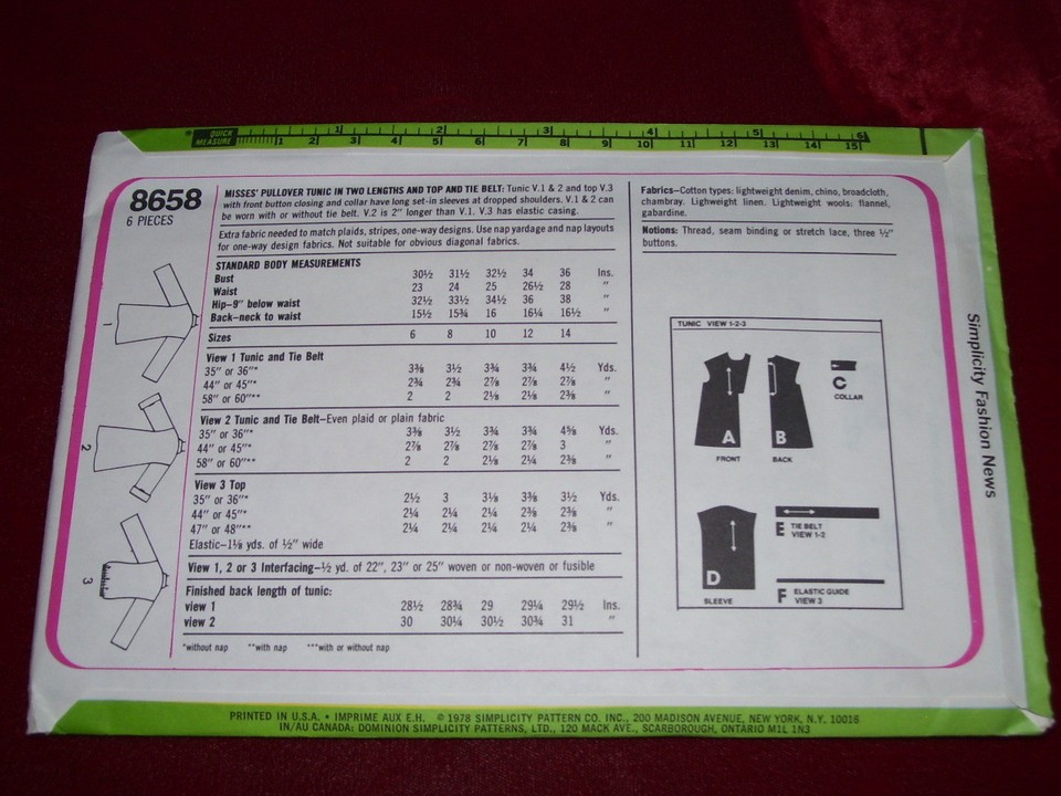 🌻1978 UNCIRCULATED SIMPLICITY #8658 - LADIES LONG PULLOVER TUNIC ...