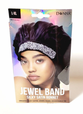 Donna JEWEL BAND Silky Satin Bonnet Jewel Band Adjustable Tie BLACK - L ...