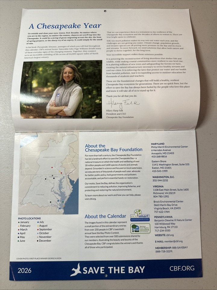 Save The Bay 12-Month 2026 Calendar, Chesapeake Bay Nature Photos ...
