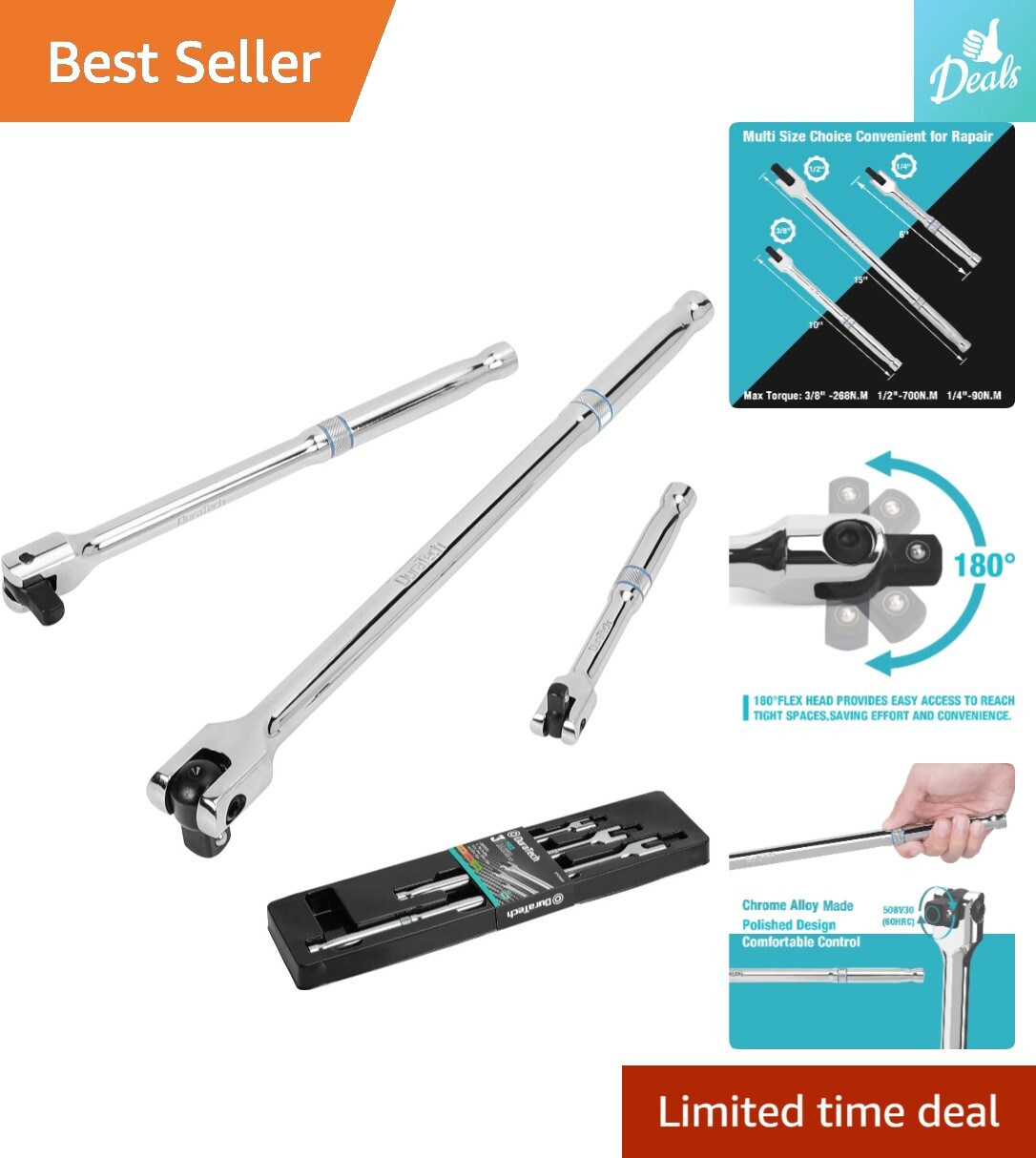 Premium Durable Breaker Bar Set - 180° Rotatable Head - 1/4'', 3/8 ...